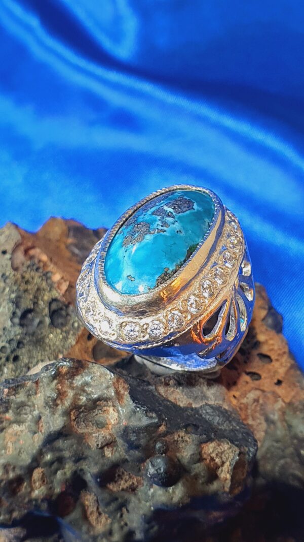 Nishapuri Feroza Gemstone set in 925 Silver Ring with White Zircon ...